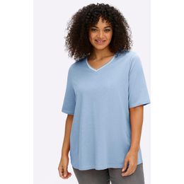 V-Shirt sheego "Shirt", Damen, Gr. 52/54, eisblau, 100% Baumwolle, unifarben, V-Ausschnitt, Shirts