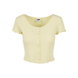 Kurzarmshirt Urban Classics "Urban Classics Damen Ladies Cropped Button Up Rib Tee", Damen, Gr. 4XL, gelb (softgelb), 97% Baumwolle, 3% Elasthan, unifarben, slim fit, eckiger Ausschnitt, Shirts