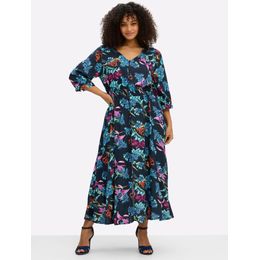 Sommerkleid sheego by Joe Browns "Kleid", Damen, Gr. 48, Normalgr&ouml;&szlig;en, tiefblau, t&uuml;rkis, gemustert, 100% Viskose, gebl&uuml;mt, gemustert, mehrfarbig, wadenlang, Rundhals, Kleider Sommerkleid