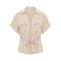 Jacqueline de Yong Kurzarmbluse JDY "JDYMILLE S/S ZIP SHIRT WVN NOOS", Damen, Gr. L, beige (sandshell), Web, Obermaterial: 70% Viskose, 30% Nylon, unifarben, normal, V-Ausschnitt, mit Aufschlag, Blusen