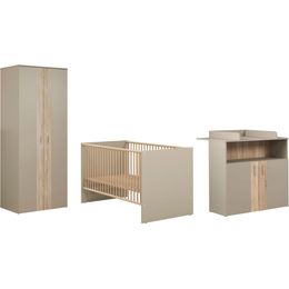 Babym&ouml;bel-Set TRENDTEAM "Beja", beige, eiche, B/H: 140cm x 70cm, Holzwerkstoff, Kunststoff, Schlafzimmerm&ouml;bel-Sets, Gitterbett, Wickelkommode und Kleiderschrank - silberfarbene Griffe