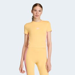T-Shirt adidas Sportswear "W 3S SJ BABY T", Damen, Gr. XL, semi ice tangerine, st tropic bloom, Obermaterial: 93% Baumwolle, 7% Elasthan, Rundhals, Shirts T-Shirt, schmale Passform, Rundhalsausschnitt, mit Elasthan-Anteil