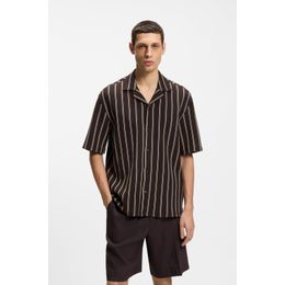 Kurzarmhemd BOSS "LARS CAMP B", Herren, Gr. M, N-Gr, schwarz braun207, Jersey, Obermaterial: 97% Baumwolle, 3% Elasthan, gestreift, relaxed fit h&uuml;ftbedeckend, V-Ausschnitt, abgesteppte Kante, Hemden, Kurzarmhemd mit Freizeitkragen, Relaxed Fit