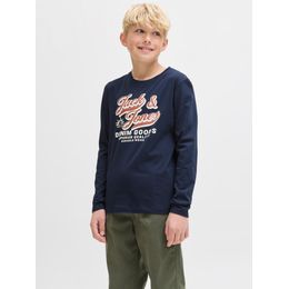 Jack & Jones Langarmshirt JACK & JONES JUNIOR "JJELOGO TEE LS O-NEC 2 COL AW25 NOOS JNR", Jungen, Gr. 128, blau (sky captain), Single Jersey, Obermaterial: 100% Baumwolle, bedruckt, regular fit normal, Rundhals, Shirts Langarmshirt