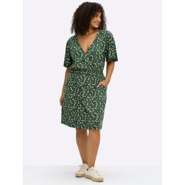 Sommerkleid sheego "Jersey-Kleid", Damen, Gr. 44, Normalgr&ouml;&szlig;en, moos, pistazie, bedruckt, 95% Viskose, 5% Elasthan, gebl&uuml;mt, gemustert, mehrfarbig, knielang, V-Ausschnitt, Kleider Sommerkleid