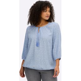 Schlupfbluse sheego, Damen, Gr. 48, bleu, ecru, bedruckt, 100% Viskose, gebl&uuml;mt, gemustert, Rundhals, Blusen Schlupfbluse