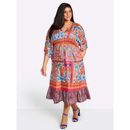 Maxikleid "Kleid", Damen, Gr. 42, Normalgr&ouml;&szlig;en, orange, mittelblau, bedruckt, 100% Viskose, bedruckt, gebl&uuml;mt, gemustert, mehrfarbig, lang, Kleider Maxikleid