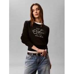 Strickpullover Calvin Klein Jeans, Damen, Gr. L, schwarz, Strick, Obermaterial: 100% Baumwolle, unifarben, regular fit taillenbedeckt, Rundhals, B&uuml;ndchen, Pullover Strickpullover, Feinstrick, reine Baumwolle, Stickerei
