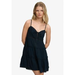 Sommerkleid Superdry "CHEESECLOTH TIERED MINI DRESS", Damen, Gr. L, N-Gr, eclipse navy, Web, Obermaterial: 100% Baumwolle, unifarben, relaxed fit normal, ohne Ausschnitt, Kleider Sommerkleid