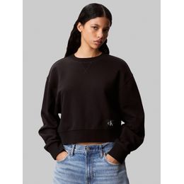 Sweatshirt Calvin Klein Jeans "FRENCH TERRY WOVEN LABEL CREW", Damen, Gr. XL, schwarz, Sweatware, Obermaterial: 100% Baumwolle, unifarben, regular fit kurz, Rundhals, eingesetzt Rippb&uuml;ndchen, Sweatshirts Sweatshirt, Regular fit mit Rundhalsausschnitt