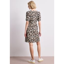 Sommerkleid Street One, Damen, Gr. 34, N-Gr, timeless beige, Jersey, Obermaterial: 80% Viskose, 20% Nylon, bedruckt, gebl&uuml;mt, normal kniefrei, Rundhals, elastischer Bund, Kleider Sommerkleid, Sommerkleid mit Split Neck und Allover-Print/Bl&auml;tter-Design