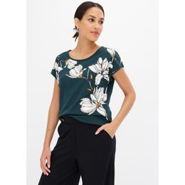 T-Shirt bonprix, Damen, Gr. 36/38 (S), tiefgr&uuml;n floral, Jersey, Obermaterial: 95% Baumwolle, 5% Elasthan, bedruckt, unifarben, bequem h&uuml;ftbedeckend, Rundhals, angeschnitten, Shirts T-Shirt, bequeme Passform, &uuml;berschnittene Schultern, mit Bl&uuml;tenprint