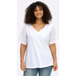Kurzarmshirt sheego by Joe Browns "Shirt", Damen, Gr. 48/50, wei&szlig;, 100% Baumwolle, Einsatz:100% Baumwolle, unifarben, V-Ausschnitt, Shirts