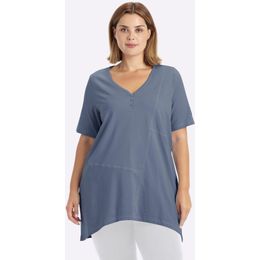 Longshirt sheego "Halbarmshirt", Damen, Gr. 52/54, blau (rauchblau), 100% Baumwolle, unifarben, V-Ausschnitt, Shirts Longshirt