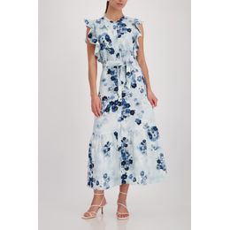Maxikleid monari, Damen, Gr. 40, N-Gr, blau (blau gebl), Web, Obermaterial: 50% Leinen, 50% Viskose, gebl&uuml;mt, regular fit lang, Rundhals, Kleider Maxikleid, Regular fit mit Volants