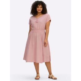 Sommerkleid sheego "Kleid", Damen, Gr. 44, Normalgr&ouml;&szlig;en, hortensie, 100% Baumwolle, Besatz:100% Baumwolle, unifarben, knielang, V-Ausschnitt, Kleider Sommerkleid