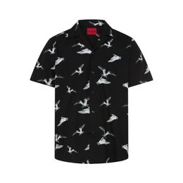 Kurzarmhemd Hugo "Ellino", Herren, Gr. L, N-Gr, schwarz001, Web, Obermaterial: 100% Baumwolle, gemustert, relaxed fit normal, V-Ausschnitt, abgesteppte Kante, Hemden, Reverskragen, Relaxed Fit, reine Baumwolle, moderner Druck