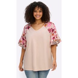 Schluppenbluse sheego by Joe Browns, Damen, Gr. 46, apricot, fuchsia, gemustert, , R&uuml;ckenteil:100% Baumwolle, Vorderteil:100% Baumwolle, &Auml;rmel:100% Polyester, gebl&uuml;mt, gemustert, V-Ausschnitt, Blusen Schluppenbluse
