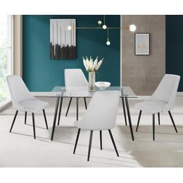 Essgruppe OTTO HOME "Danny-Malio", grau (hellgrau, hellgrau, schwarz), B:140cm H:76cm T:80cm, Glas, Metall, Stoff, Sitzm&ouml;bel-Sets, Essgruppe, Glastisch 140x80 cm mit 4 St&uuml;hlen (Veloursstoff), Gestell aus Metall