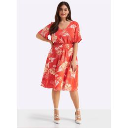 Sommerkleid sheego "Kleid", Damen, Gr. 42, Normalgr&ouml;&szlig;en, terra, lavendel, bedruckt, 100% Viskose, bedruckt, gebl&uuml;mt, gemustert, knielang, V-Ausschnitt, Kleider Sommerkleid