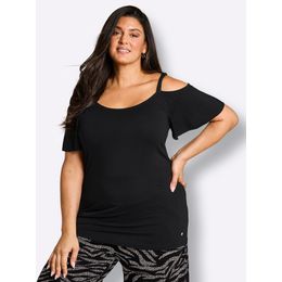 Carmenshirt sheego "Shirt", Damen, Gr. 48/50, schwarz, 95% Viskose, 5% Elasthan, unifarben, Carmenausschnitt, Shirts
