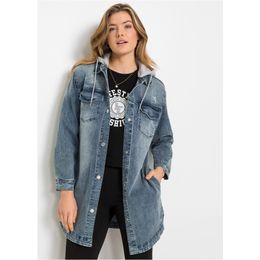 Jeansjacke bonprix, Damen, Gr. 42, blau denim, Denim/Jeans, Obermaterial: 98% Baumwolle, 2% Elasthan. Kapuze: 60% Baumwolle, 40% Polyester, Abriebeffekte, unifarben, unifarben mit Farbeinsatz, bequem ca. Mitte Oberschenkel, 1-Knopf-Manschette, Jacken Jeansjacke, lange, bequeme Passform, mit Eingriffs- und Brusttaschen