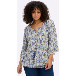 Schlupfbluse sheego by Joe Browns, Damen, Gr. 40, champagner, royalblau, gemustert, 100% Viskose, gebl&uuml;mt, gemustert, Rundhals, Blusen Schlupfbluse