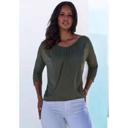 3/4-Arm-Shirt Lascana "mit zarter Raffung am Ausschnitt", Damen, Gr. 32/34, grau (graugr&uuml;n), Jersey, Obermaterial: 95% Viskose (LENZING&trade; ECOVERO&trade;), 5% Elasthan, unifarben, Basic, figurumspielend normal, V-Ausschnitt, angeschnitten Umschlagsaum, Shirts 3/4-Arm-Shirt, aus weichem Viskose-Stretch