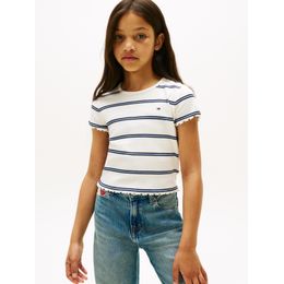 T-Shirt Tommy Hilfiger "ESSENTIAL RIB TOP mit Babylock-Kanten und Stickerei", M&auml;dchen, Gr. 7 (122), beige (ivory silk stripes), Rippware, Obermaterial: 95% Baumwolle, 5% Elasthan, normal h&uuml;ftlang, Rundhals, Rollkante, Shirts T-Shirt, unifarben, casual, regular fit, Baumwollmix, Rundhals
