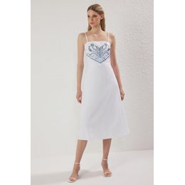 Ecrufarbenes, besticktes Damen-Midikleid / Besticktes, l&auml;ssiges/alltagstaugliches Kleid