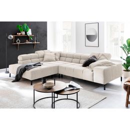 Ecksofa Home Affaire "Ancona New, wahlweise motorische Sitztiefenverstellung, auch in Cord", grau (hellgrau), B:321cm T:216cm, : 88% Polyester, 12% Polyacryl, Sofas, Ecksofa, feine Steppung, mit Kopfteilverstellung, 3 Zierkissen, L-Form