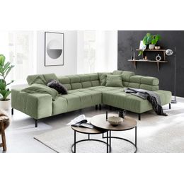 Ecksofa Home Affaire "Ancona New, wahlweise motorische Sitztiefenverstellung, auch in Cord", gr&uuml;n (oliv), B:321cm T:216cm, : 88% Polyester, 12% Polyacryl, Sofas, Ecksofa, feine Steppung, mit Kopfteilverstellung, 3 Zierkissen, L-Form