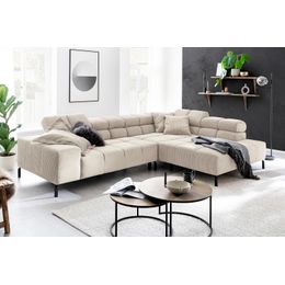 Ecksofa Home Affaire "Ancona New, wahlweise motorische Sitztiefenverstellung, auch in Cord", beige (natur), B:321cm T:216cm, : 88% Polyester, 12% Polyacryl, Sofas, Ecksofa, feine Steppung, mit Kopfteilverstellung, 3 Zierkissen, L-Form