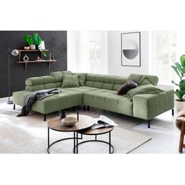 Ecksofa Home Affaire "Ancona New, wahlweise motorische Sitztiefenverstellung, auch in Cord", gr&uuml;n (oliv), B:321cm T:216cm, : 88% Polyester, 12% Polyacryl, Sofas, Ecksofa, feine Steppung, mit Kopfteilverstellung, 3 Zierkissen, L-Form