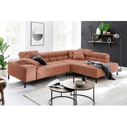 Ecksofa Home Affaire "Ancona New, wahlweise motorische Sitztiefenverstellung, auch in Cord", orange (rost), B:321cm T:216cm, : 88% Polyester, 12% Polyacryl, Sofas, Ecksofa, feine Steppung, mit Kopfteilverstellung, 3 Zierkissen, L-Form