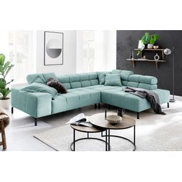 Ecksofa Home Affaire "Ancona New, wahlweise motorische Sitztiefenverstellung, auch in Cord", blau (hellblau), B:321cm T:216cm, : 88% Polyester, 12% Polyacryl, Sofas, Ecksofa, feine Steppung, mit Kopfteilverstellung, 3 Zierkissen, L-Form