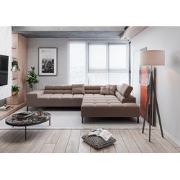 Ecksofa Home Affaire "Ancona New, wahlweise motorische Sitztiefenverstellung, auch in Cord", beige (taupe), B:321cm T:216cm, 100% Polyester, Sofas, Ecksofa, feine Steppung, mit Kopfteilverstellung, 3 Zierkissen, L-Form