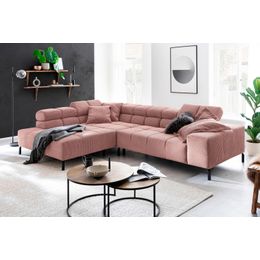 Ecksofa Home Affaire "Ancona New, wahlweise motorische Sitztiefenverstellung, auch in Cord", rosa (ros&eacute;), B:321cm T:216cm, : 88% Polyester, 12% Polyacryl, Sofas, Ecksofa, feine Steppung, mit Kopfteilverstellung, 3 Zierkissen, L-Form