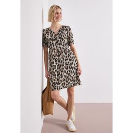 Sommerkleid Street One, Damen, Gr. 42, N-Gr, timeless beige, Jersey, Obermaterial: 80% Viskose, 20% Nylon, bedruckt, gebl&uuml;mt, normal kniefrei, Rundhals, elastischer Bund, Kleider Sommerkleid, Sommerkleid mit Split Neck und Allover-Print/Bl&auml;tter-Design