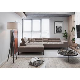 Ecksofa Home Affaire "Ancona New, wahlweise motorische Sitztiefenverstellung, auch in Cord", beige (taupe), B:321cm T:216cm, 100% Polyester, Sofas, Ecksofa, feine Steppung, mit Kopfteilverstellung, 3 Zierkissen, L-Form