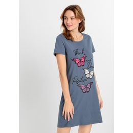Nachthemd bonprix, Damen, Gr. 36/38 (S), N-Gr, rauchblau bedruckt, Jersey, Obermaterial: 100% Baumwolle, bedruckt, unifarben, Basic, Basic ca. Mitte Oberschenkel, Rundhals, Kleider Nachthemd, aus reiner Baumwolle, mit kurzem Arm, Frontdruck