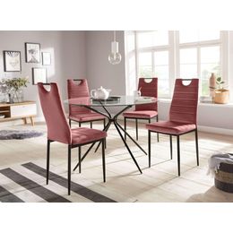 Essgruppe OTTO HOME "Silvi-Mandy", rosa (rosa, rosa, schwarz), B:110cm H:74cm T:110cm, Glas, Metall, Stoff, Sitzm&ouml;bel-Sets, Essgruppe, Set: Glastisch 110x110 cm mit 4 St&uuml;hlen