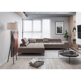 Ecksofa Home Affaire "Ancona New, wahlweise motorische Sitztiefenverstellung, auch in Cord", beige (taupe), B:321cm T:216cm, 100% Polyester, Sofas, Ecksofa, feine Steppung, mit Kopfteilverstellung, 3 Zierkissen, L-Form