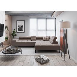 Ecksofa Home Affaire "Ancona New, wahlweise motorische Sitztiefenverstellung, auch in Cord", beige (taupe), B:321cm T:216cm, 100% Polyester, Sofas, Ecksofa, feine Steppung, mit Kopfteilverstellung, 3 Zierkissen, L-Form