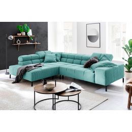 Ecksofa Home Affaire "Ancona New, wahlweise motorische Sitztiefenverstellung, auch in Cord", blau (hellblau), B:321cm T:216cm, : 88% Polyester, 12% Polyacryl, Sofas, Ecksofa, feine Steppung, mit Kopfteilverstellung, 3 Zierkissen, L-Form