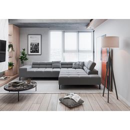 Ecksofa Home Affaire "Ancona New, wahlweise motorische Sitztiefenverstellung, auch in Cord", schwarz (anthrazit), B:321cm T:216cm, 100% Polyester, Sofas, Ecksofa, feine Steppung, mit Kopfteilverstellung, 3 Zierkissen, L-Form