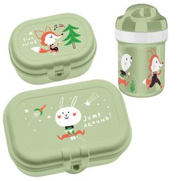 Lunchbox Koziol "HOP ON TO GO", gr&uuml;n (pistachio), B:7,4cm H:23,4cm L:15,4cm, Kunststoff, Lebensmittelaufbewahrungsbeh&auml;lter, Lunchbox, 3-teiliges Set, mit handlicher Trinkflasche, mit Clipverschluss