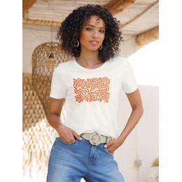 T-Shirt Heine "T-Shirt", Damen, Gr. 34, ecru, papaya, 95% Baumwolle, 5% Elasthan, gemustert, mehrfarbig, Rundhals, Shirts T-Shirt