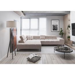 Ecksofa Home Affaire "Ancona New, wahlweise motorische Sitztiefenverstellung, auch in Cord", beige (sand), B:321cm T:216cm, 100% Polyester, Sofas, Ecksofa, feine Steppung, mit Kopfteilverstellung, 3 Zierkissen, L-Form