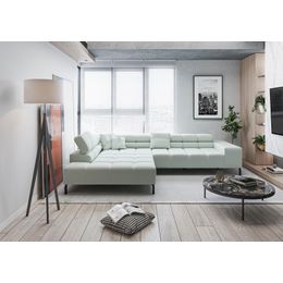 Ecksofa Home Affaire "Ancona New, wahlweise motorische Sitztiefenverstellung, auch in Cord", gr&uuml;n (mint), B:321cm T:216cm, 100% Polyester, Sofas, Ecksofa, feine Steppung, mit Kopfteilverstellung, 3 Zierkissen, L-Form